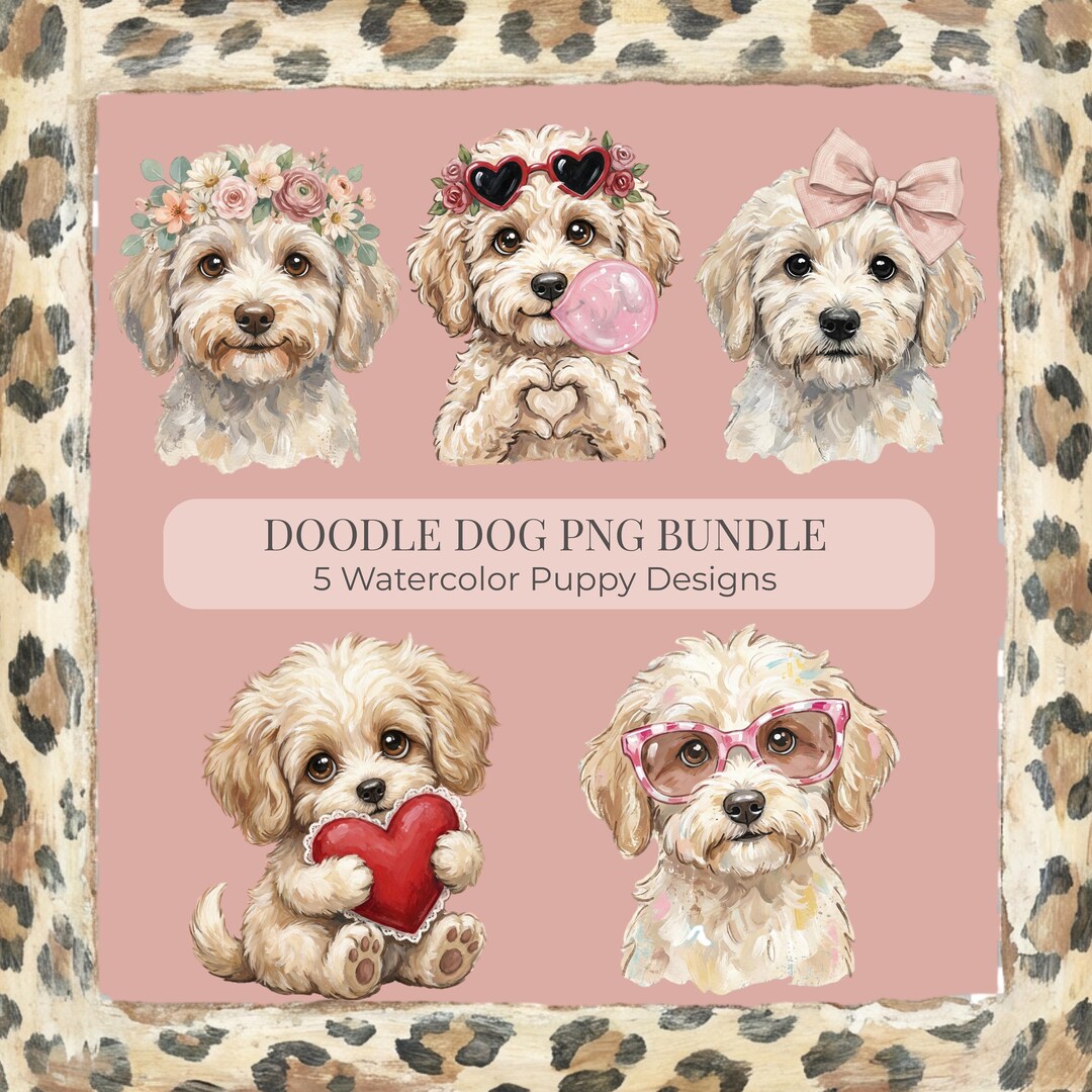 Doodle Dog PNG Bundle, 5 Watercolor Puppy Clipart Files, Transparent ...