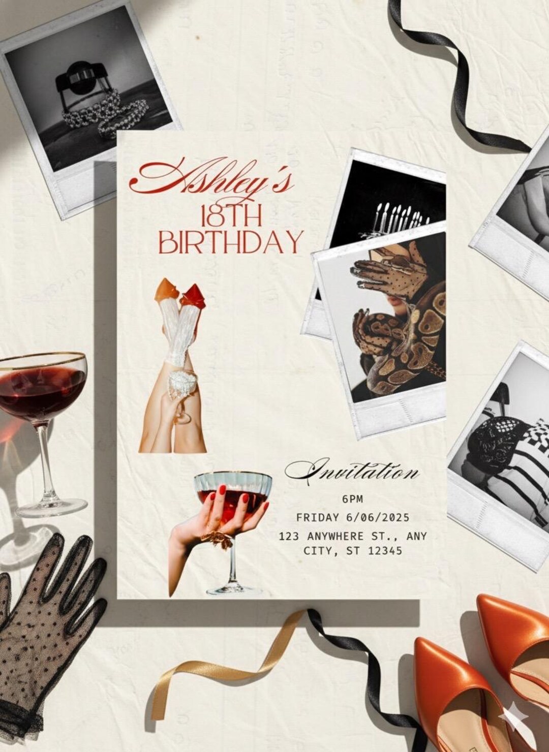Girly Glam Birthday Invitation, Editable Canva Template, Elegant Red ...