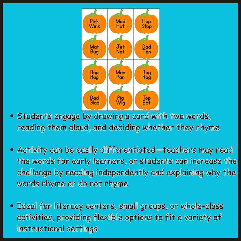 Pumpkin Rhyming Game Fall Literacy Center Activity Phonological ...