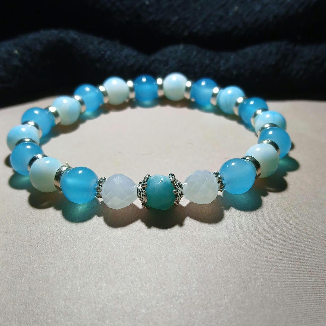 Caribbean Shore" Blue Agate-style Glass & Quartz Bracelet - Etsy