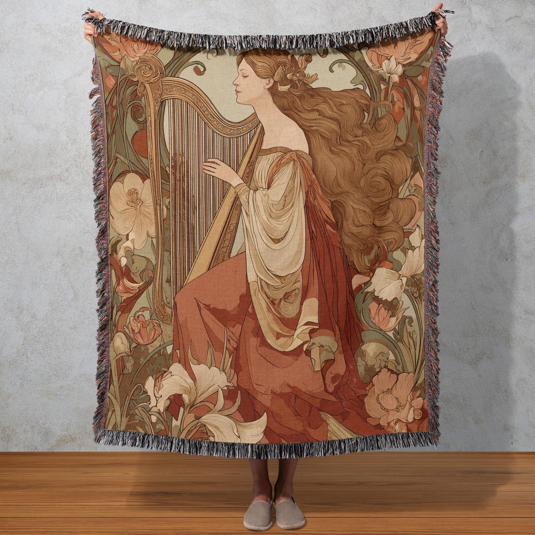 Harp Maiden Woven Blanket, Art Nouveau Tapestry, Romantic Musical Decor ...