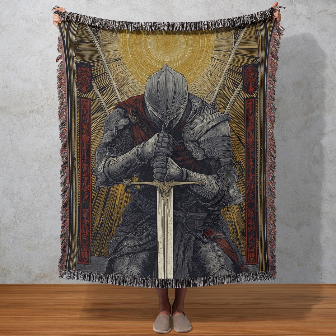 Knight Prayer Woven Blanket, Medieval Faith Tapestry, Gothic Wall ...