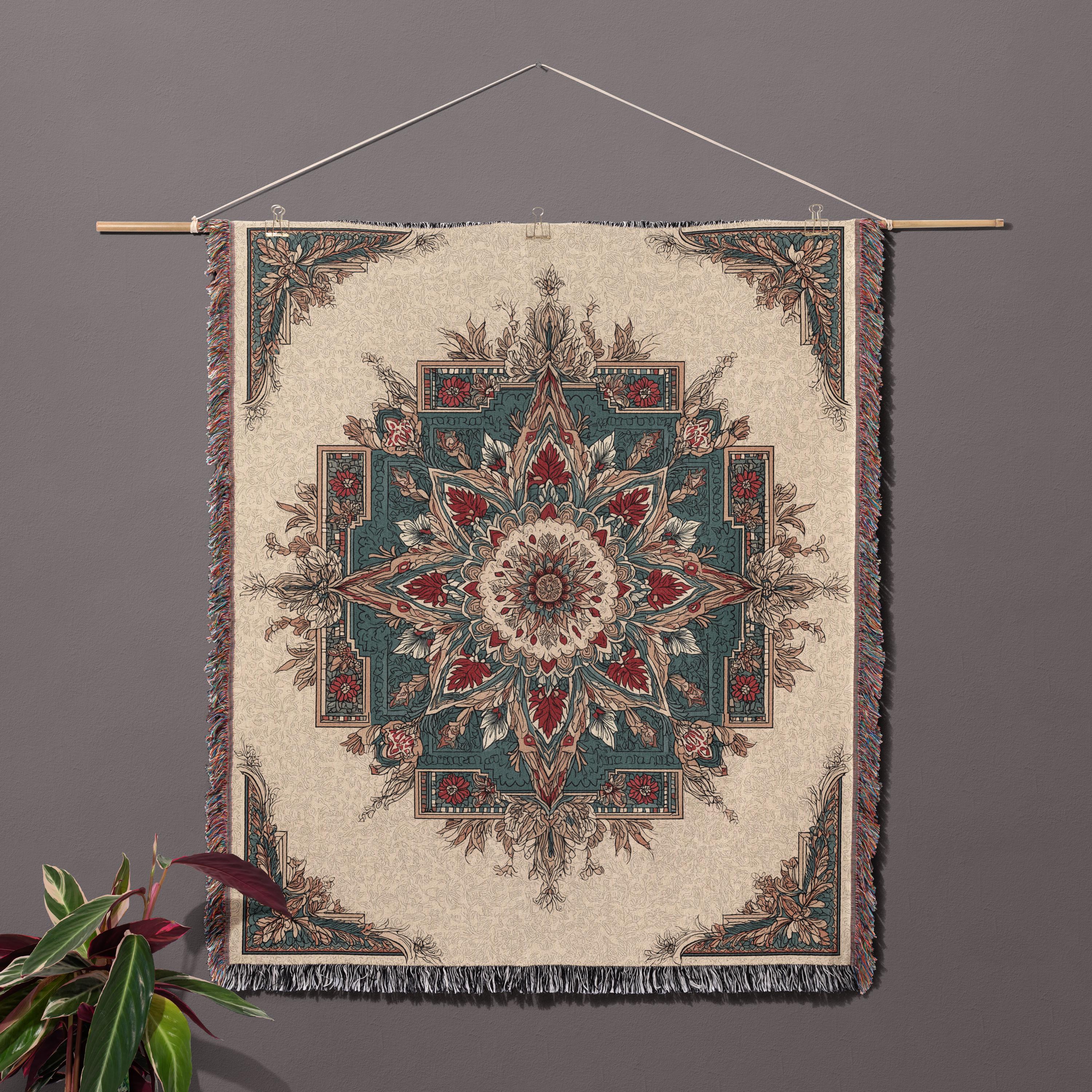 Boho Mandala Woven Blanket, Vintage Floral Tapestry, Ornate Pattern ...