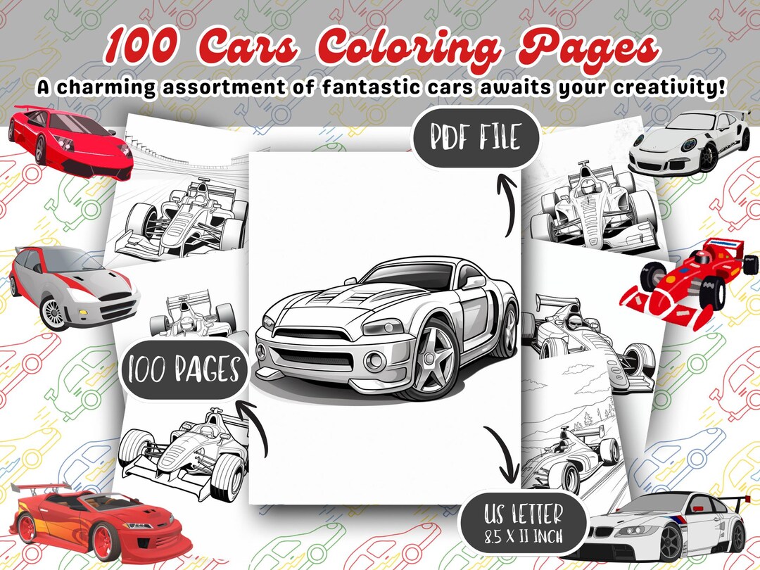 Cars Coloring Book Pages Printable PDF, Vehicle Race Sport Car Sheets ...