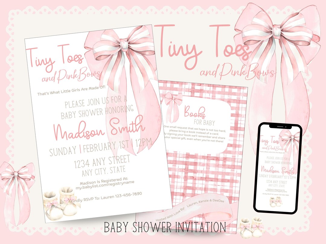 Tiny Toes & Pink Bows Baby Shower Invitation | Girl Baby Shower Invite ...