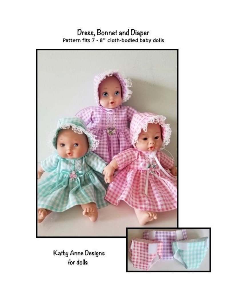 PDF Dress, Bonnet and Diaper Pattern Fits 7-8" Cloth Bodied Baby Dolls ...