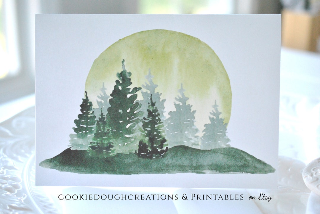 Printable Woodland Mountains and Trees and Moon Watercolor Card Digital ...
