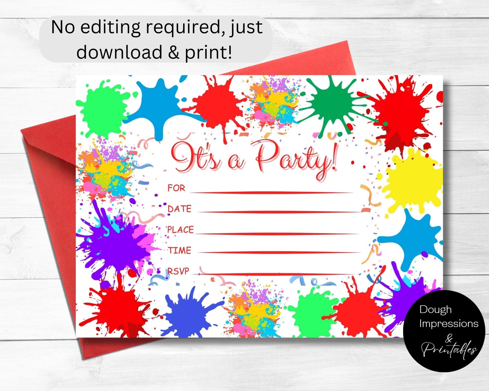 Printable Kids Party Paint Splash Invitation Template 5x7 Editable DIY ...