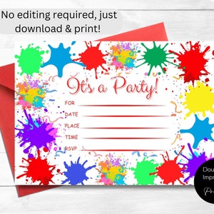 Printable Kids Party Paint Splash Invitation Template 5x7 Editable DIY ...