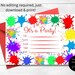Printable Kids Party Paint Splash Invitation Template 5x7 Editable DIY ...