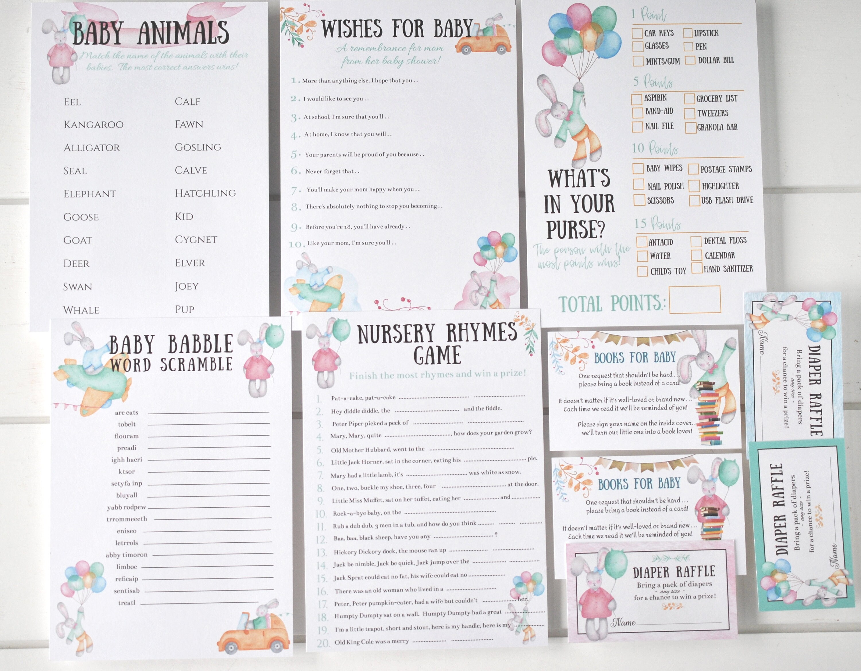 Bunny Baby Shower Game and Activity Package / Set of 9 Pastel - Etsy
