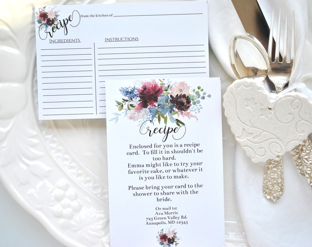 Recipe Insert and Recipe Card Templates Navy and Cranberry Flowers DIY ...