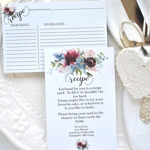Recipe Insert and Recipe Card Templates Navy and Cranberry Flowers DIY ...