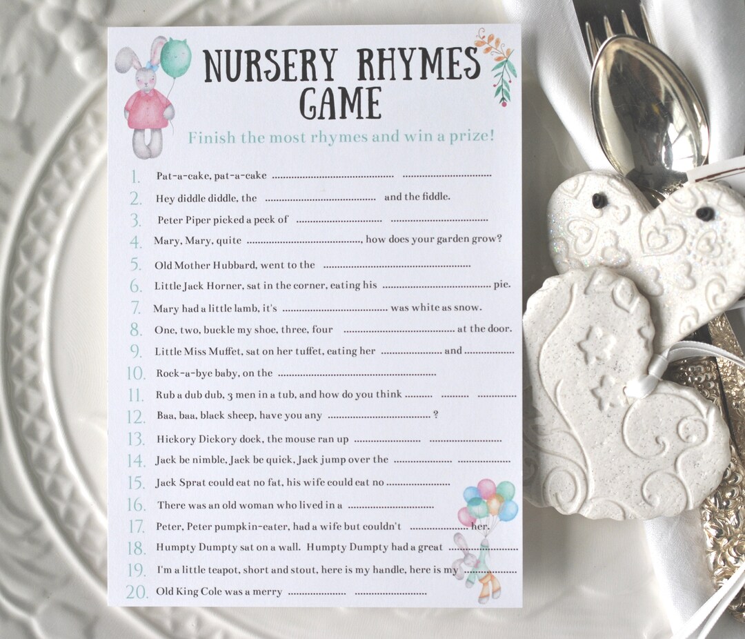 Bunny Nursery Rhymes Baby Shower Game Card DIGITAL DOWNLOAD, Corjl A120 ...