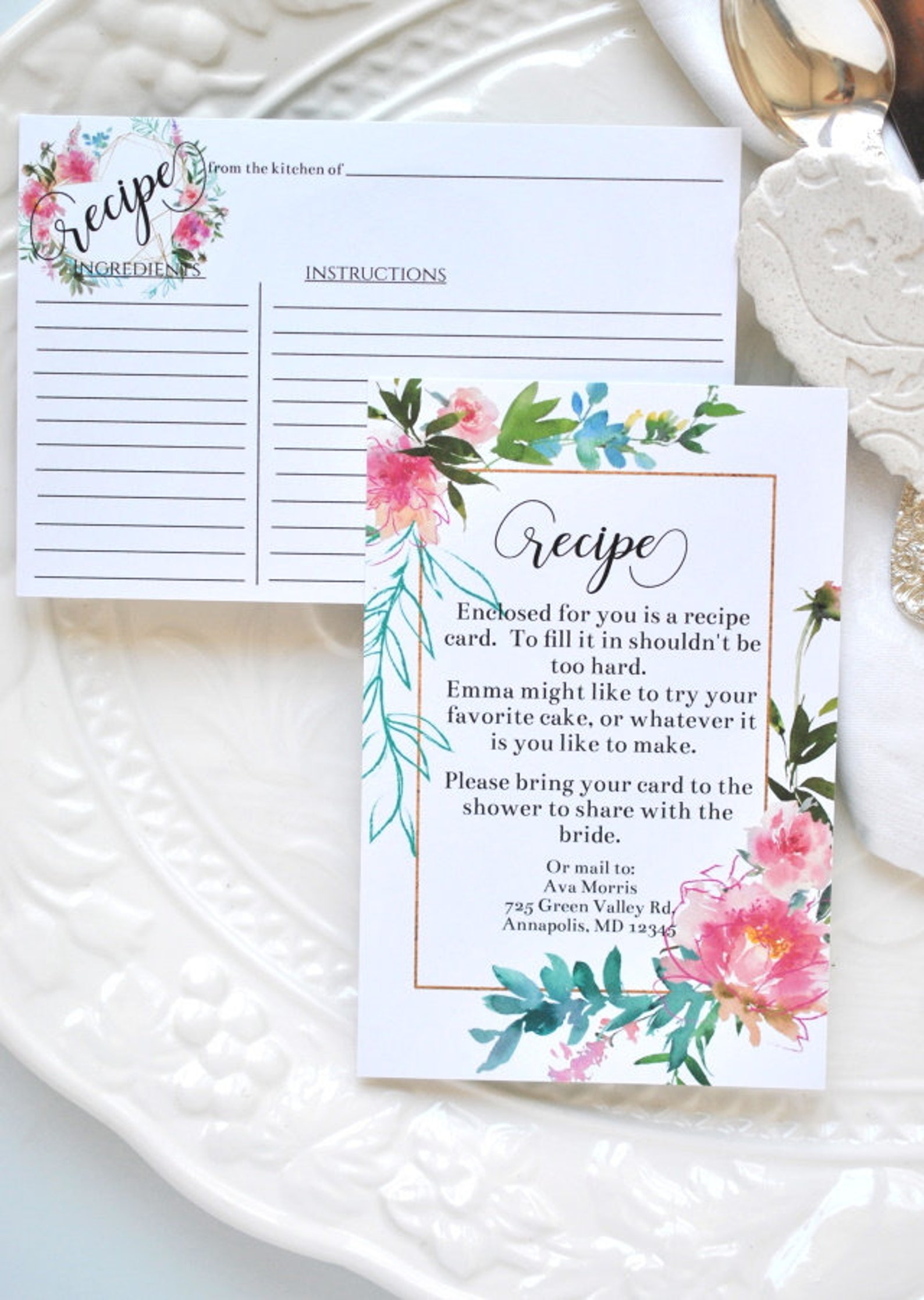 Pink Flowers Recipe Insert and Recipe Card Templates DIY Instant ...