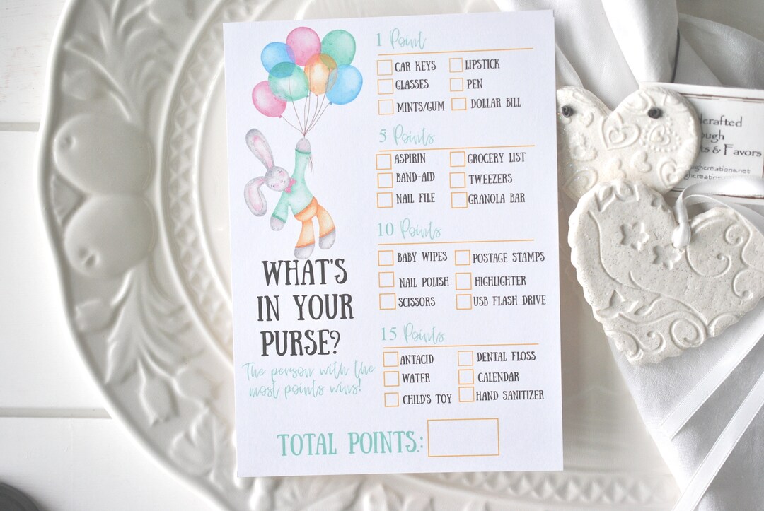 Pastel Bunny Baby Shower Game Card What's in Your Purse DIGITAL ...