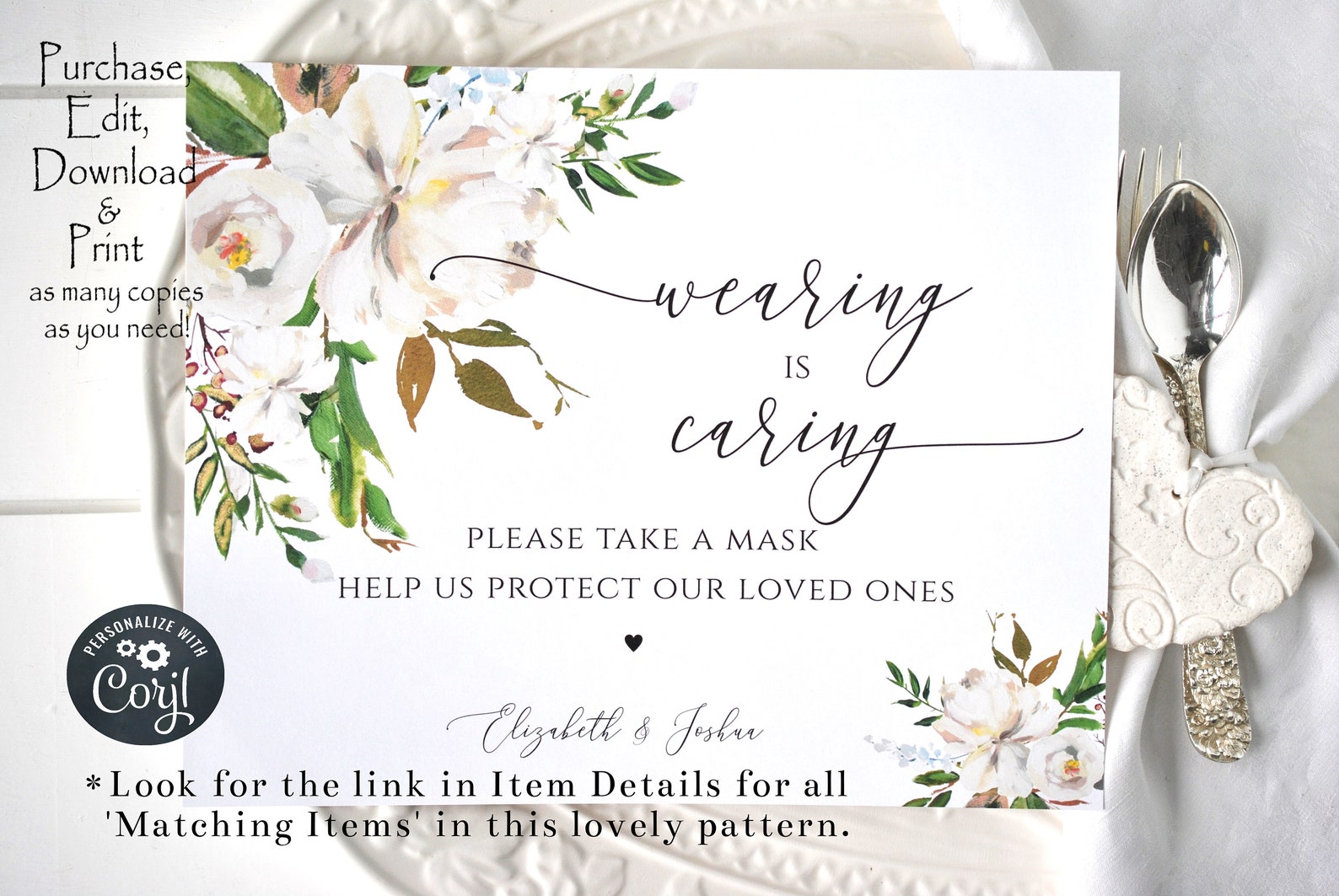 Printable Wearing is Caring White Flower Wedding Sign Template DIY ...