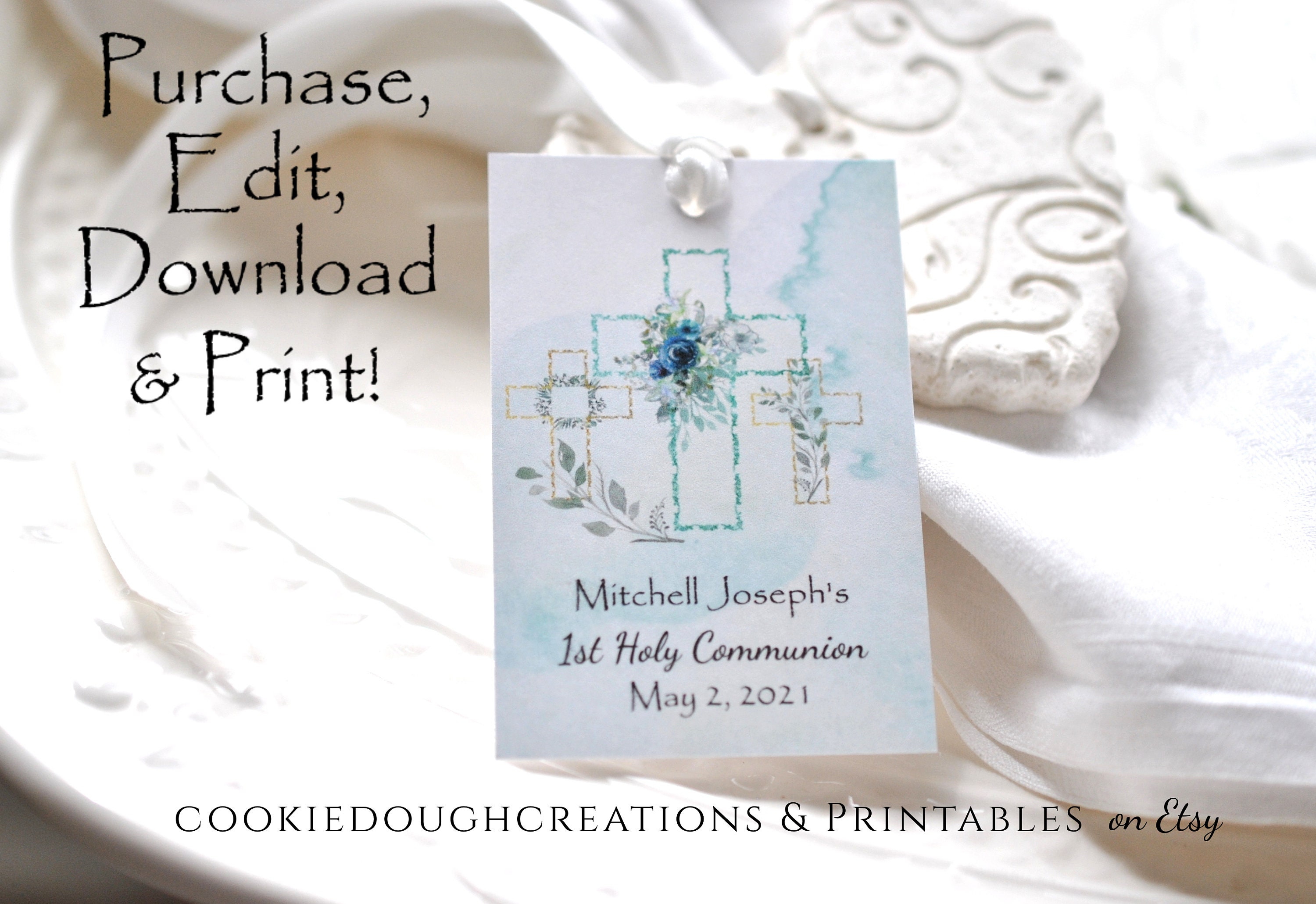 Printable Communion or Baptism Favor Tag 2x3 Boy Blue | Etsy