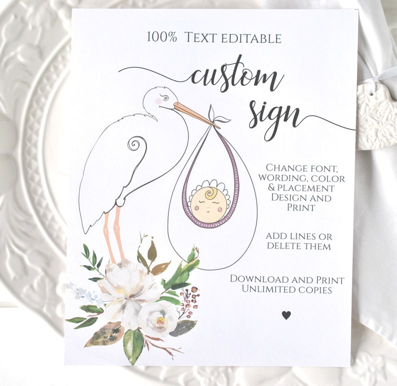 Editable Printable Stork Custom Baby Shower Sign Template DIY - Etsy