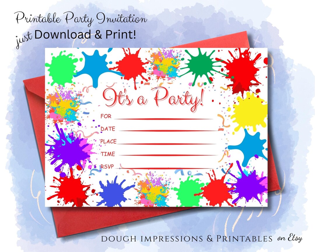 Printable Kids Party Paint Splash Invitation Template 5x7 Editable DIY ...