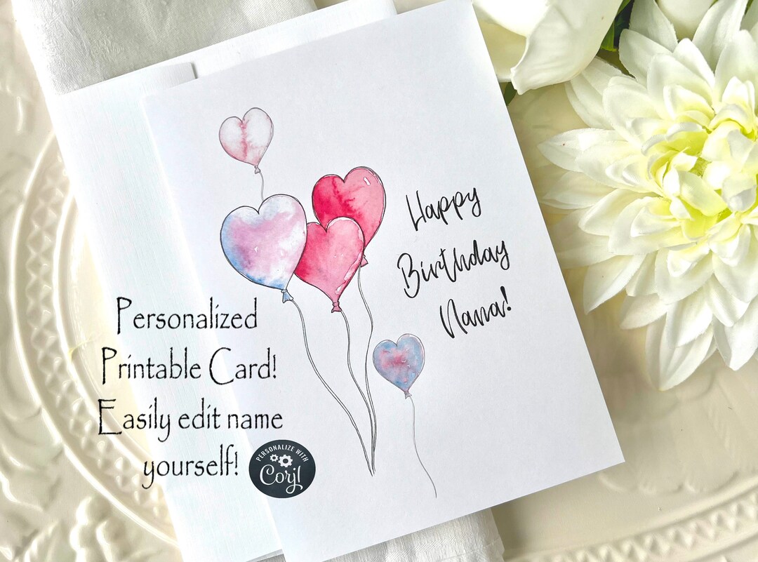 Personalized Birthday Card Printable Editable Card Watercolor Balloons ...