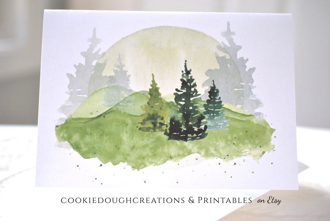 Printable Woodland Mountains and Trees Watercolor Card Digital Template ...