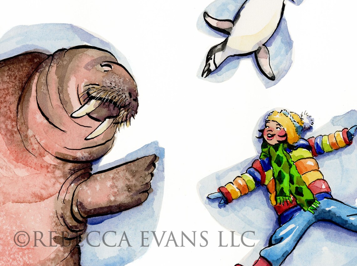 Walrus, Penguins and Little Girl Making Snow Angels. Nursery Art ...