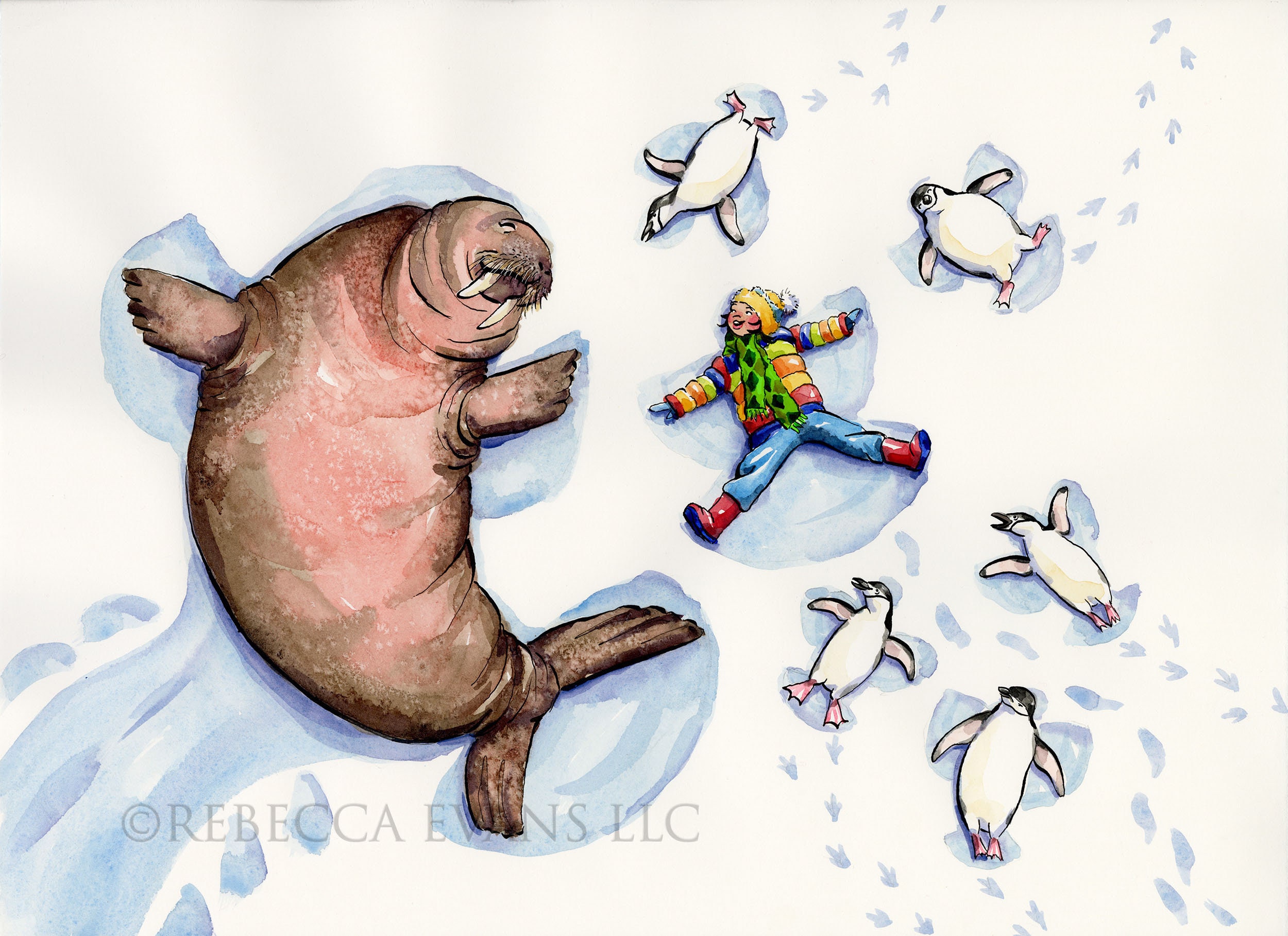 Walrus, Penguins and Little Girl Making Snow Angels. Nursery Art ...