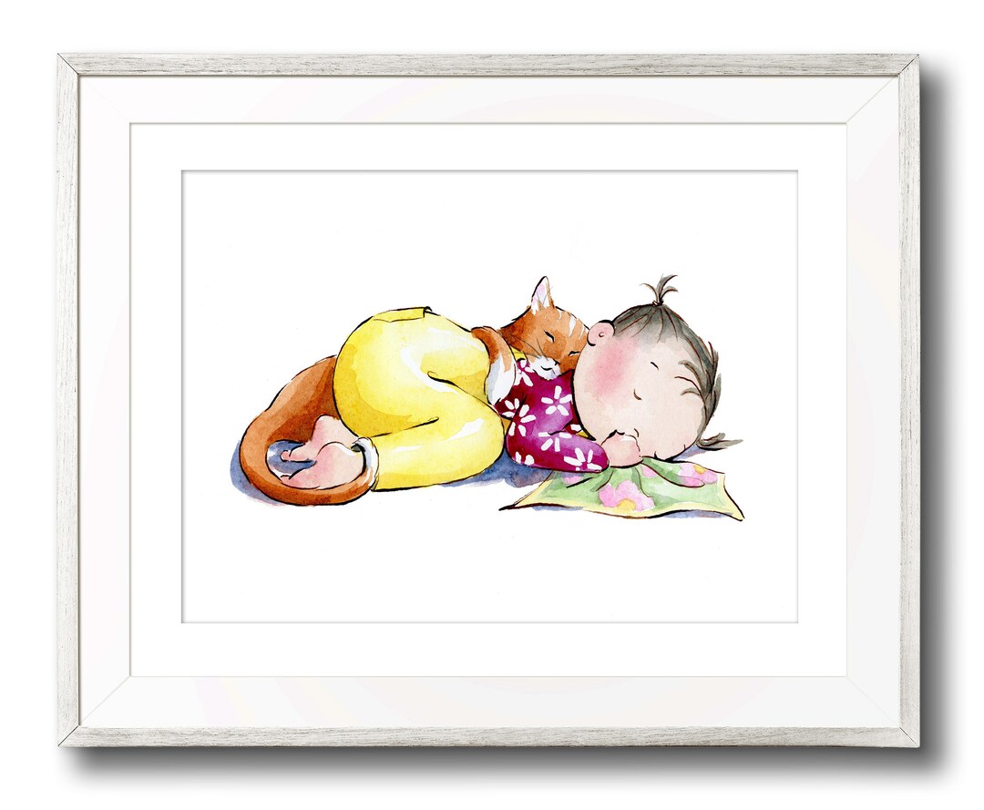 Cat Nap. Little Girl and Cat Napping. Nursery Art, Children's Wall Art ...