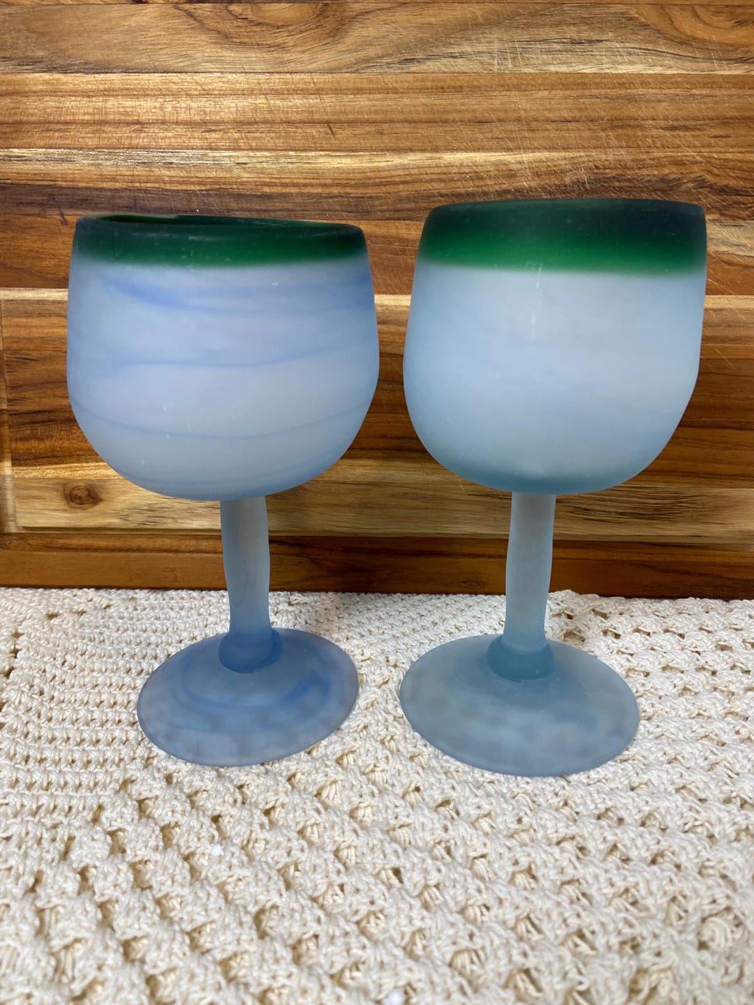 Mexican Frosted Wine Goblets, Blue Green Rim, Recycled Glass, Set of 2 ...