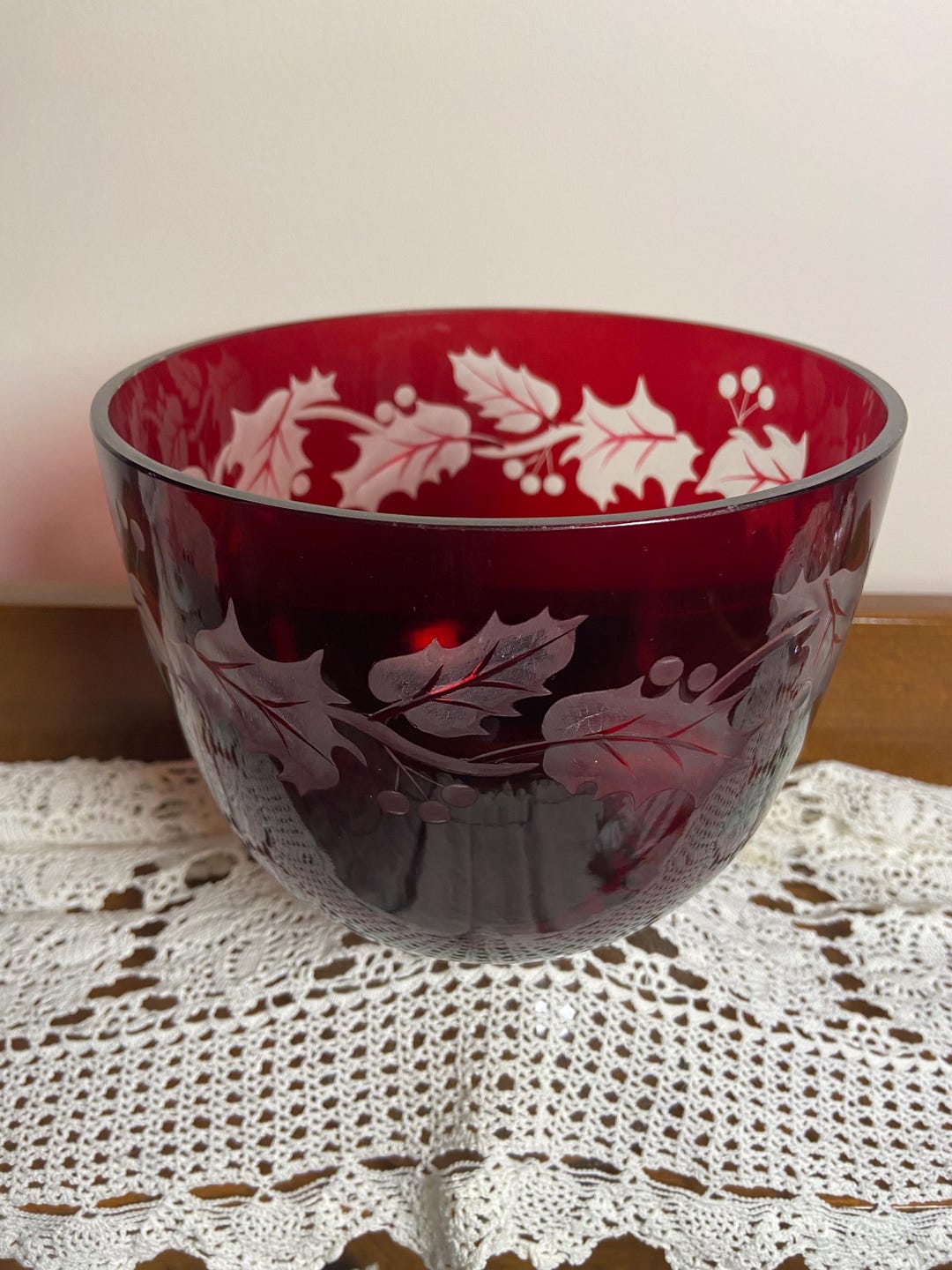 Vintage Teleflora Ruby Red Glass Bowl, Etched Holly Berry Christmas ...