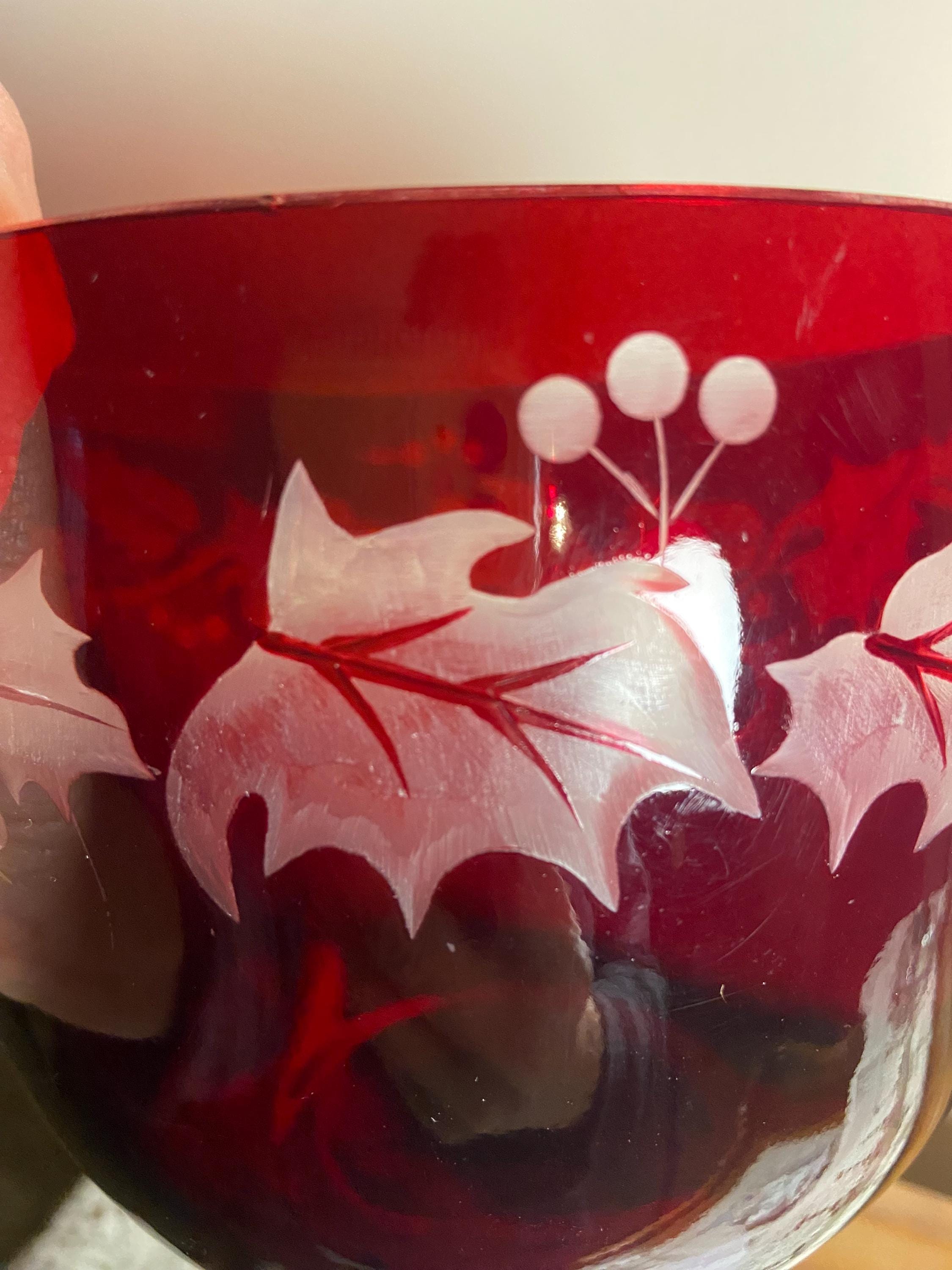 Vintage Teleflora Ruby Red Glass Bowl, Etched Holly Berry Christmas ...