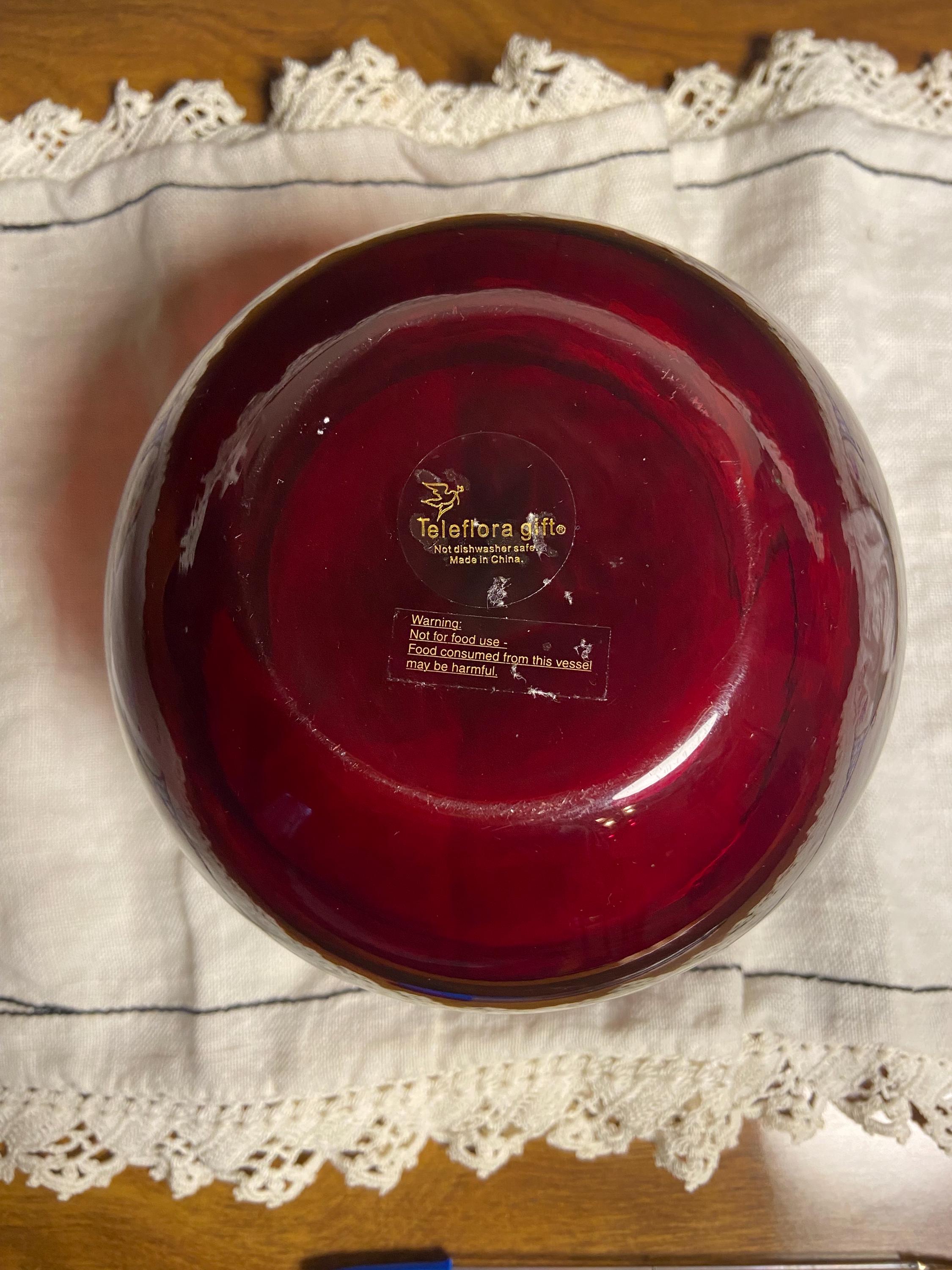 Vintage Teleflora Ruby Red Glass Bowl, Etched Holly Berry Christmas ...