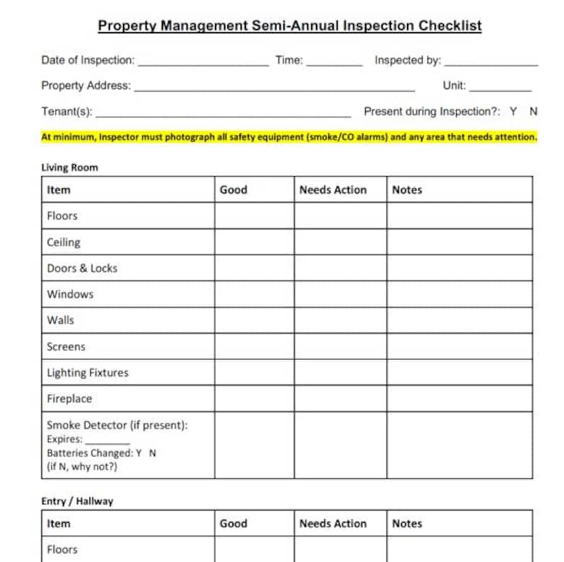 Landlord Semi-annual Rental Inspection Checklist (PDF) - Etsy
