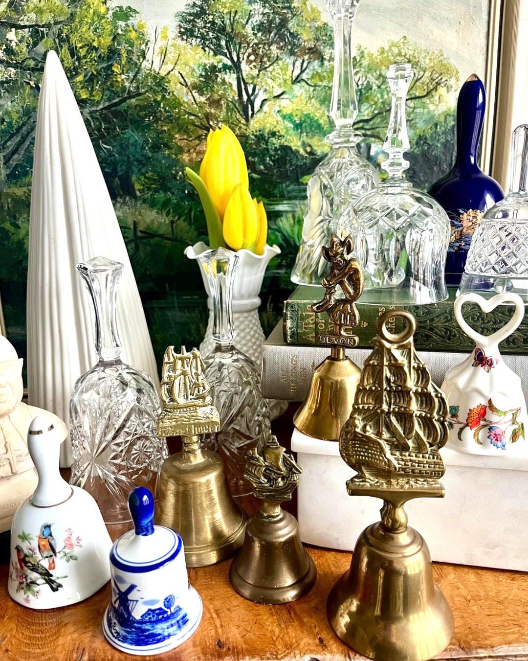 Vintage Curated Bell Collection , Brass Handheld, Cut Crystal Glass ...