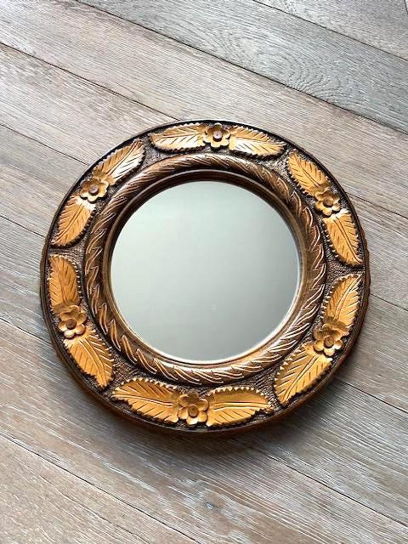 French Vintage Hand Carved Wooden Mirror, Round Floral Leaf Folk Art ...