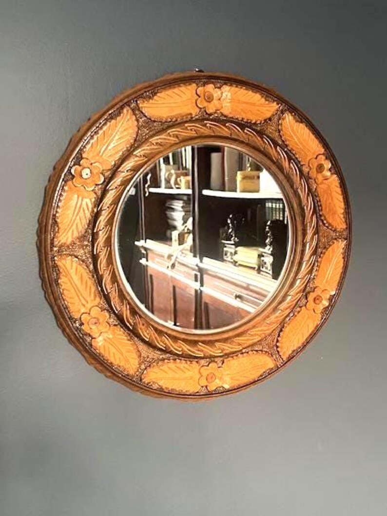 French Vintage Hand Carved Wooden Mirror, Round Floral Leaf Folk Art ...