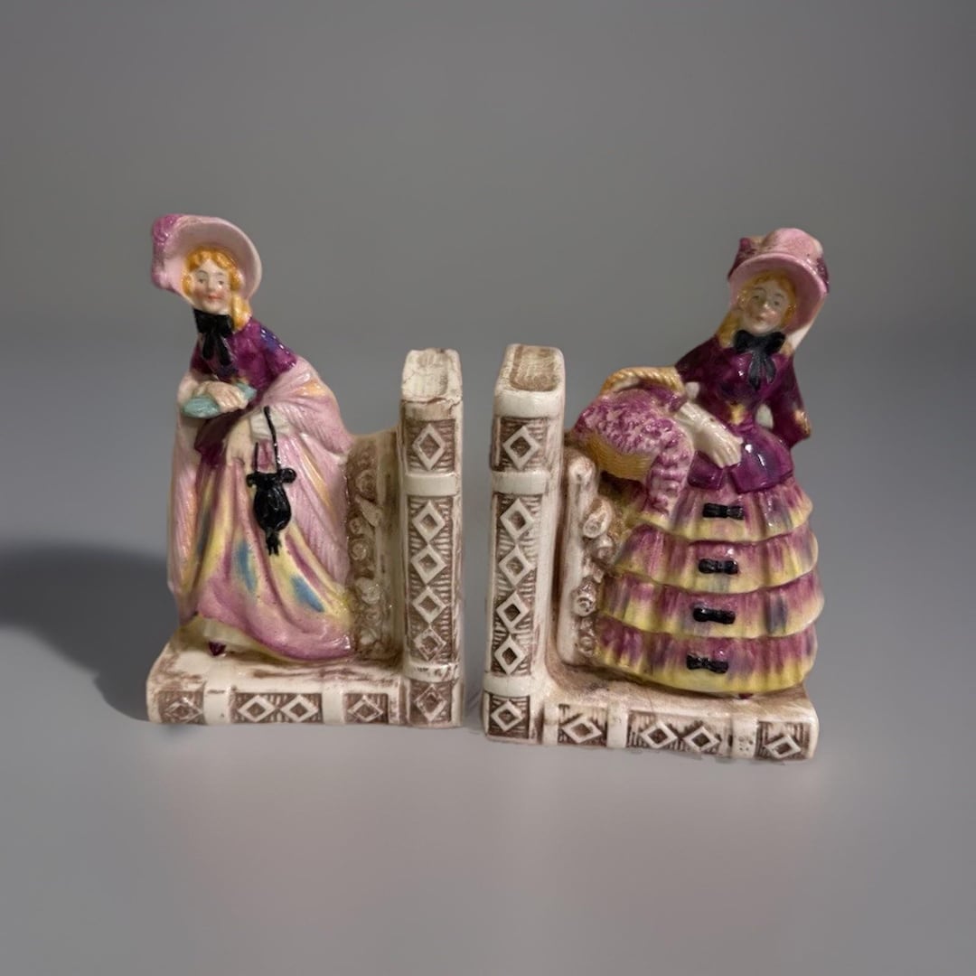 Victorian-style Porcelain Lady Bookends Figural Crinoline Dress Foreign ...