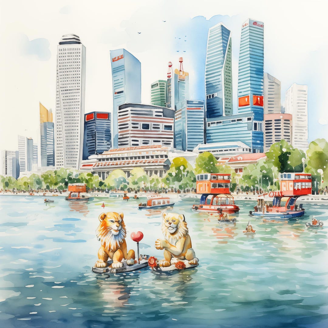 Whimsical Singapore Skyline Art Print: AI Watercolor Cartoon (digital ...