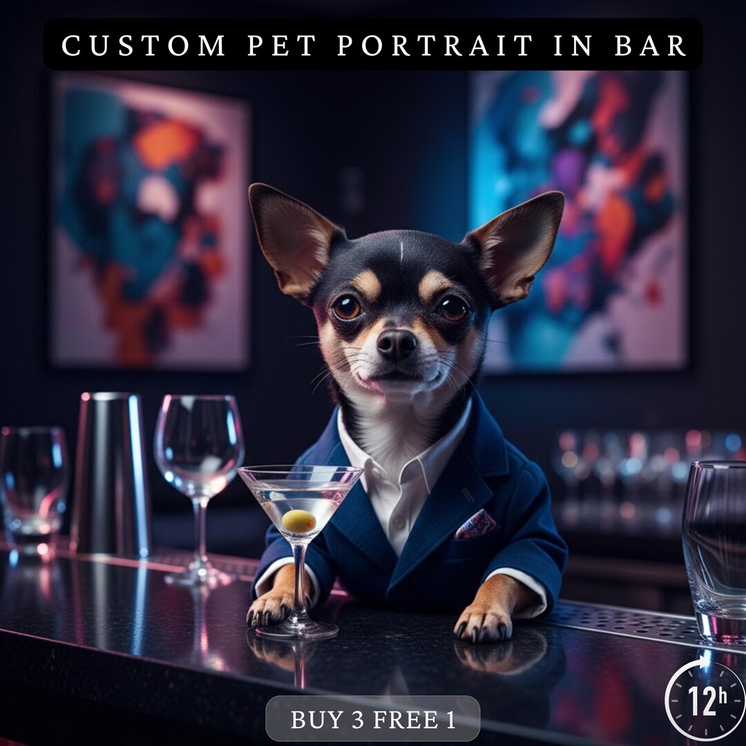 Custom Pet Portrait in Bar, Dog Bartender Portrait, Cat Cocktail Bar ...