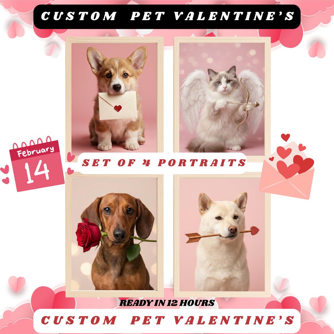 Cupid Dog Valentine Portrait Set of 4 | Personalized Pet Art Digital ...