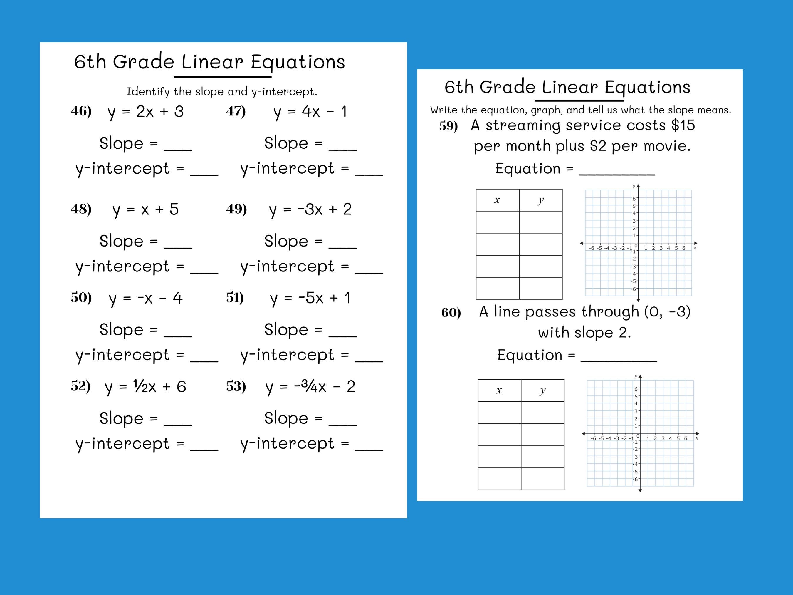 6th Grade Graphing Linear Equations Worksheet | Slope Intercept Form ...