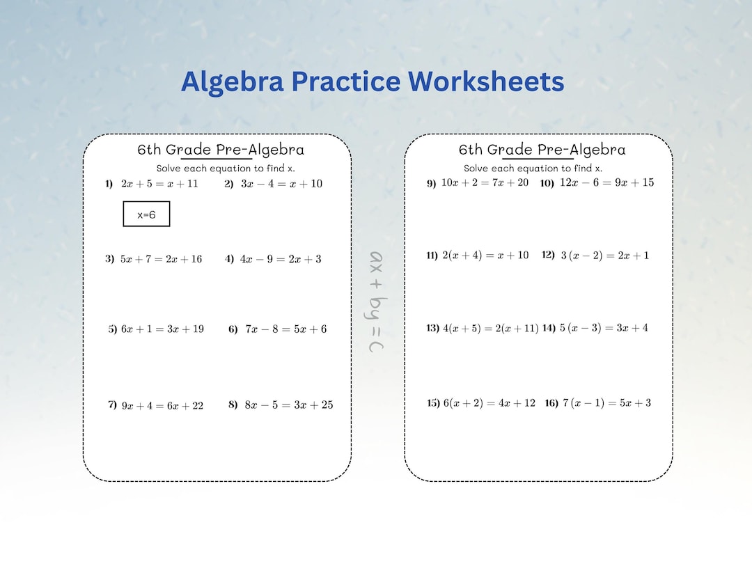 Solving Equations Worksheet PDF | 6th Grade Pre-algebra | Find X ...