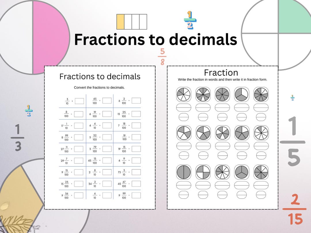 Fractions to Decimals Worksheets Bundle | Fraction Conversion Practice ...