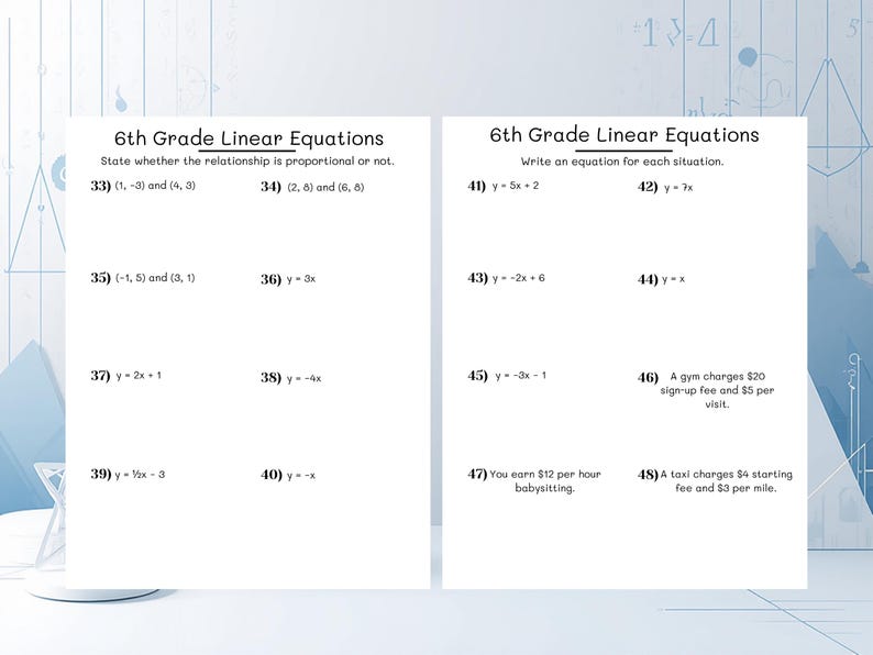 Linear Equations Worksheets for 6th Grade | Math Practice (PDF) - Etsy
