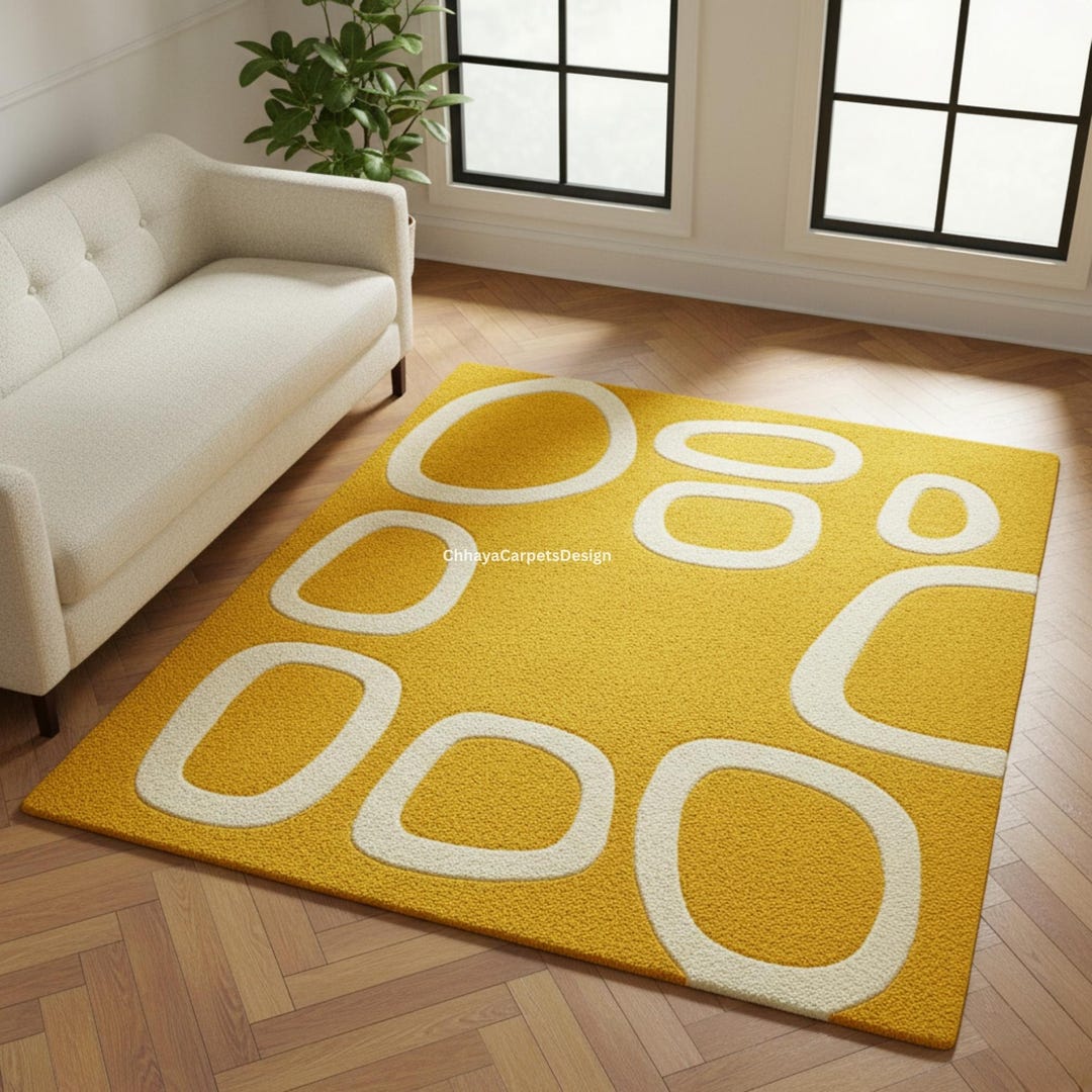 Yellow and White Modern Abstract Rug – Geometric Oval Pattern Carpet ...
