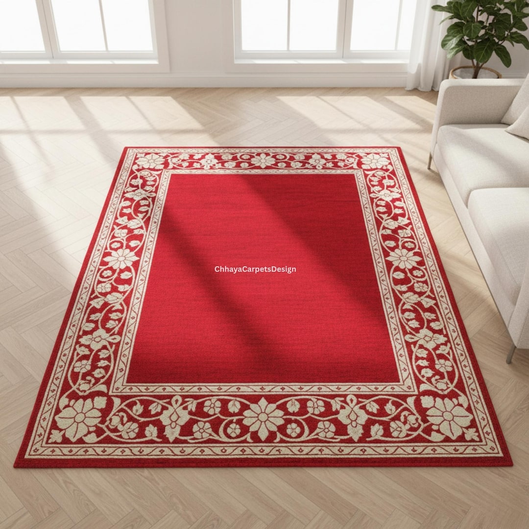 Elegant Tufted Red Floral Border Carpet – Classic Area Rug for Living ...