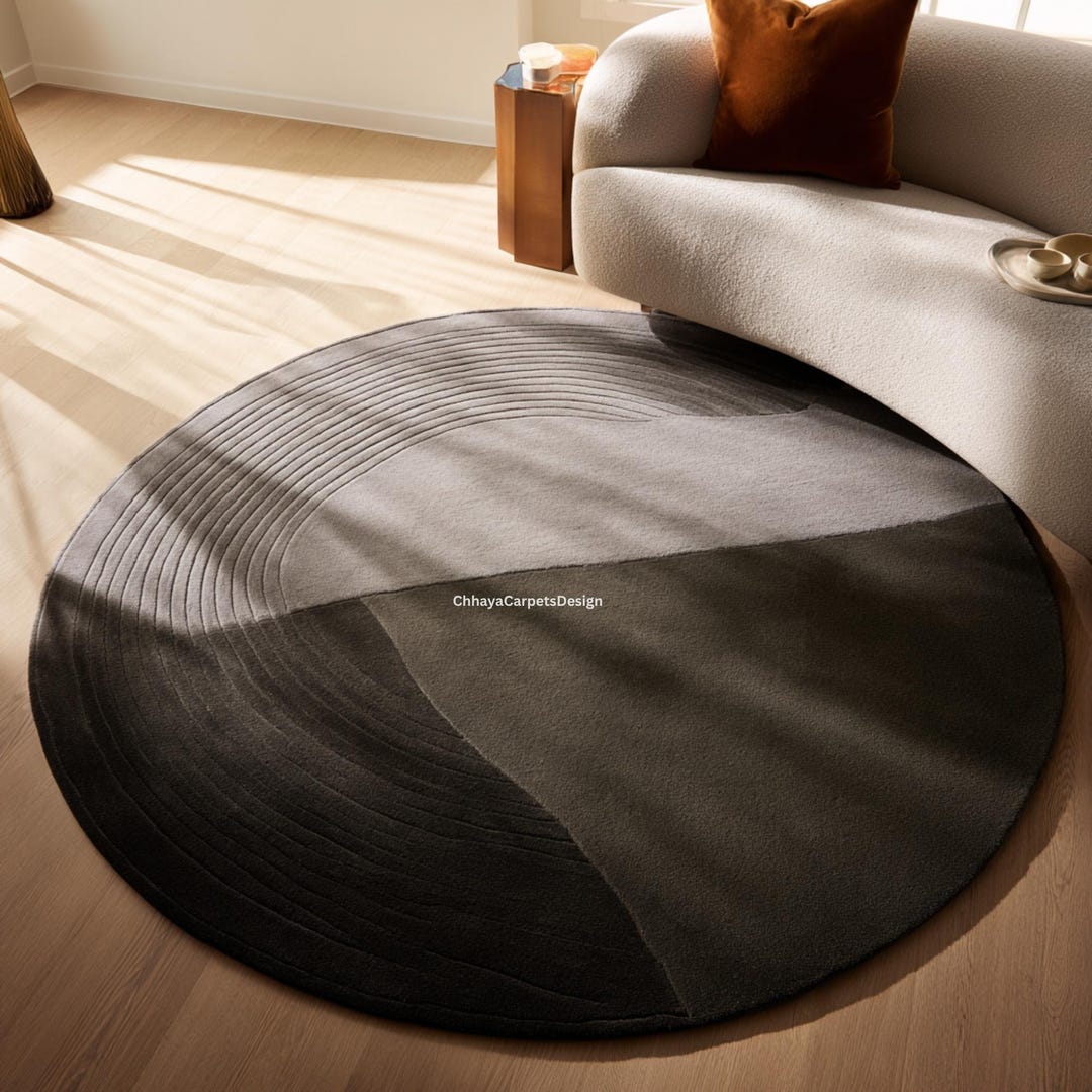 Modern Round Grey Rug I Black Ombre Circle Carpet I Minimalist Luxury ...