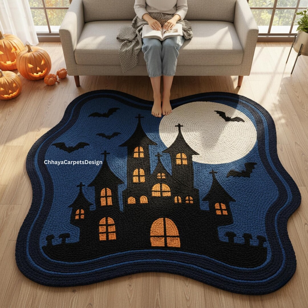 Halloween Haunted House Rug, Spooky Castle Carpet, Moonlight Bat Area ...