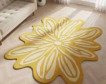 Daisy Flower Shaped Hand Tufted Wool Rug in White and Yellow | Floral ...